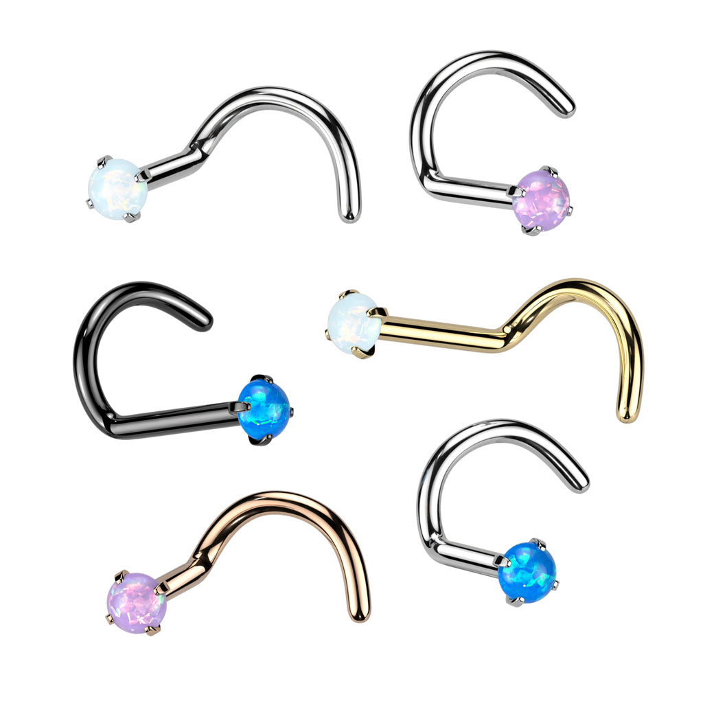 Implant Grade Titanium Corkscrew Nose Ring White Opal Stud With Prongs ...